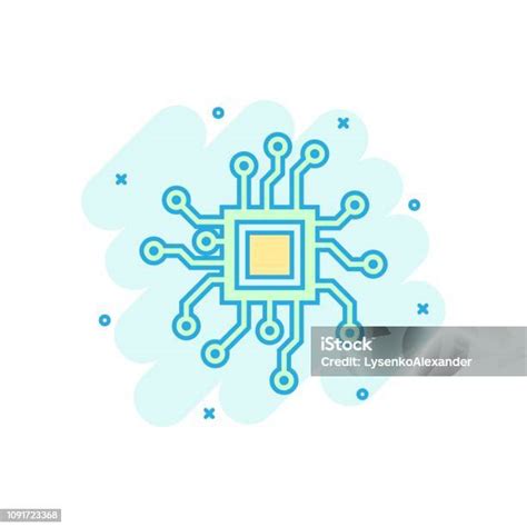 회로 보드 아이콘 만화 스타일입니다 기술 마이크로 칩 벡터 만화 그림 그림 프로세서 마더보드 비즈니스 개념 스플래시 효과입니다 Cpu에 대한 스톡 벡터 아트 및 기타 이미지