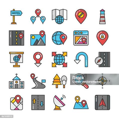 지도 네비게이션 색 벡터 아이콘 세트 8 0명에 대한 스톡 벡터 아트 및 기타 이미지 0명 교회 굽은 도로 Istock
