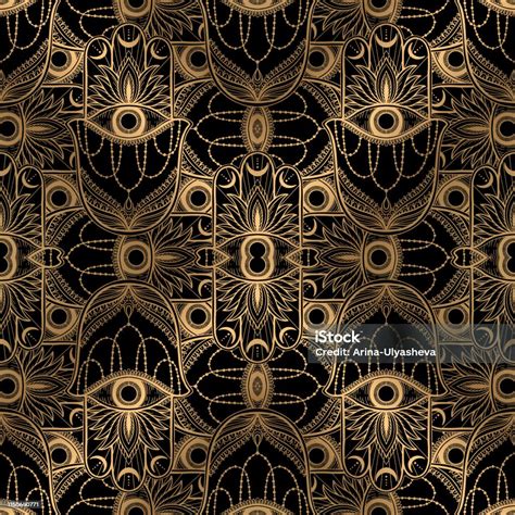 완벽 한 패턴 함 사 부적 종교 아시아 흰색 바탕에 골드 컬러 그래픽 악마의 눈에 대 한 보호와 부적의 상징 문신 모티프 검은색에 대한 스톡 벡터 아트 및 기타 이미지