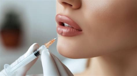 Closeup Of Woman Receiving Beauty Injection With Syringe To Enhance Lip Volume And Appearance