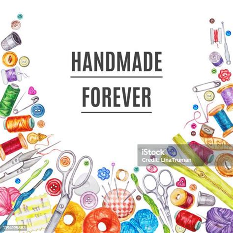 다양한 수채화 바느질 도구의 프레임 봉제 키트 액세서리 및 봉제 장비 바늘 작업을위한 도구 가위 버튼 실과 바늘이있는 보빈 가위에 대한 스톡 벡터 아트 및 기타 이미지