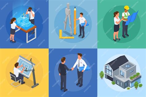 Premium Vector Architect Construction Engineer Isometric Set Of Circle Compositions With