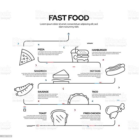 패스트 푸드 및 길거리 식품 관련 프로세스 인포그래픽 디자인 선형 스타일 벡터 일러스트레이션 인포그래픽에 대한 스톡 벡터 아트