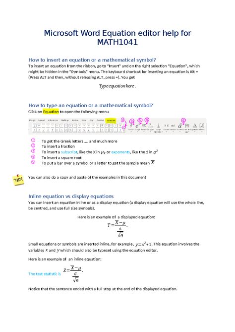 Microsoft Word Equation Editor Help For Math1041 Microsoft Word