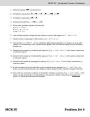 MCR 3U Problem Set 9 Quadratic Function Problems Pdf MCR 3U Quadratic Function Problems