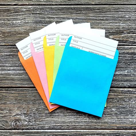 Set Of 5 Library Cards And Pockets Colorful Pockets With White
