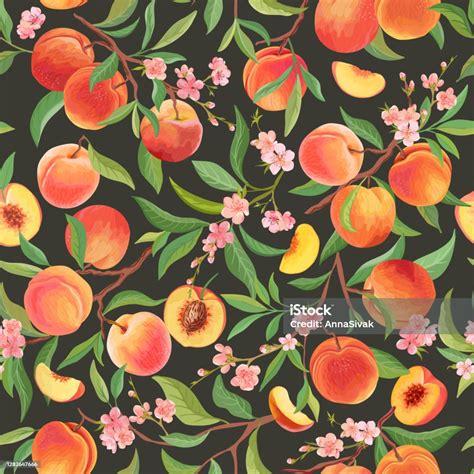 열대 과일 잎 꽃 배경 복숭아 패턴 여름 커버 열대 벽지 빈티지 배경 결혼 초대를위한 수채화 스타일의 벡터 원활한 텍스처 일러스트 레이션 0명에 대한 스톡 벡터 아트 및