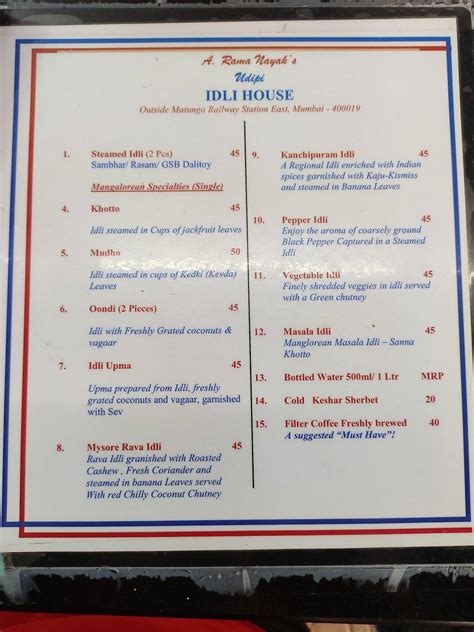 Menu At Ram Ashraya Mumbai