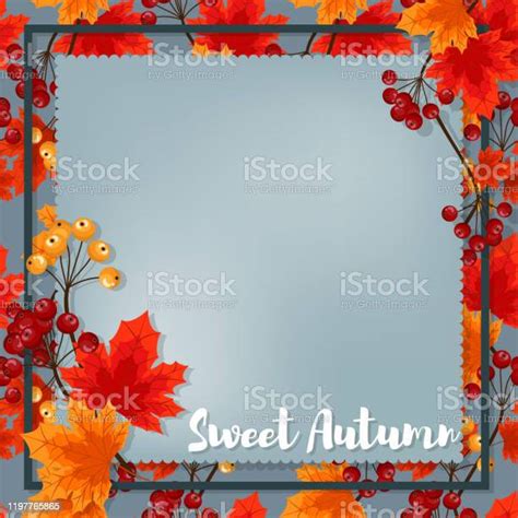 가을 단풍 나무 잎과 복사 공간과 파란색 배경에 딸기 프레임 달콤한 가을 텍스트의 가을 배경 벡터 그림입니다 0명에 대한 스톡 벡터 아트 및 기타 이미지 Istock