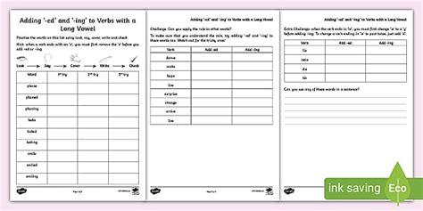 Year 2 Adding Ed And Ing To Verbs With A Long Vowel Worksheets