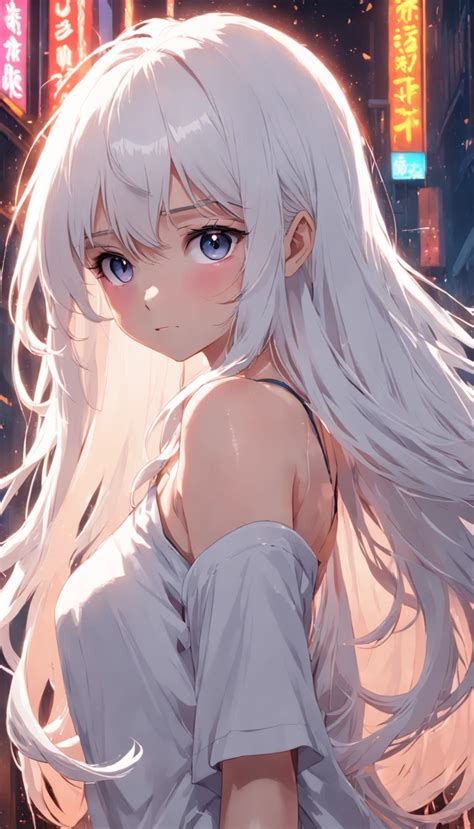 一位有着长长的白发和蓝眼睛的女人站在一座霓虹城市前 Seaart Ai