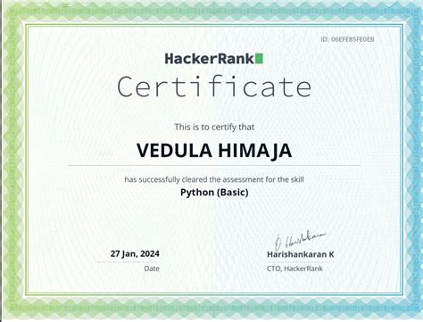 earned hackerrank python certification vedula himaja posted on the