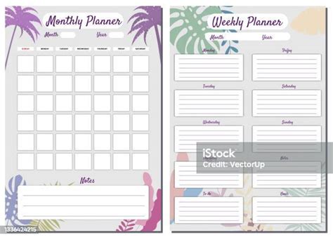 월간 주간 플래너 세트 템플릿 벡터 팜꽃 장식 배경 노트 비즈니스 노트북 관리 주최자 개성 개념에 대한 스톡 벡터 아트 및 기타 이미지 Istock