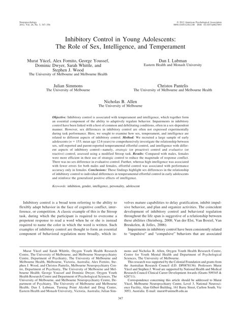 Pdf Inhibitory Control In Young Adolescents The Role Of Sex