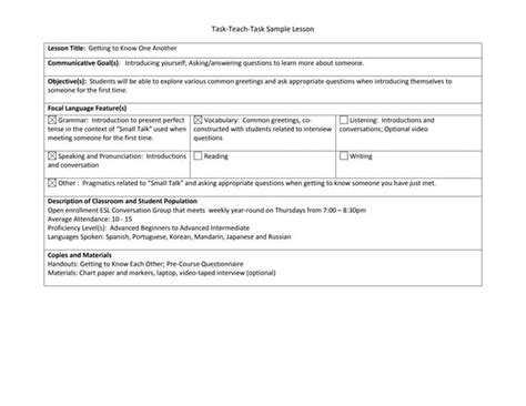 Task Based Instruction Task Teach Task Lesson Plan Templatepdf