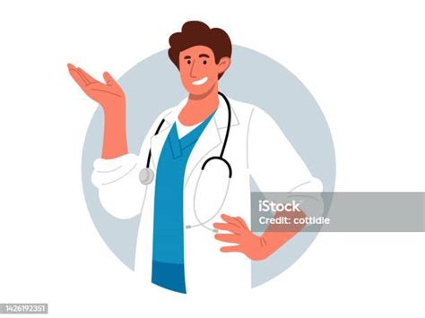 청진기로 무언가를 보여주는 미소 짓는 의사 벡터 일러스트 레이 션 의사에 대한 스톡 벡터 아트 및 기타 이미지 의사 연구실 가운 남자 Istock