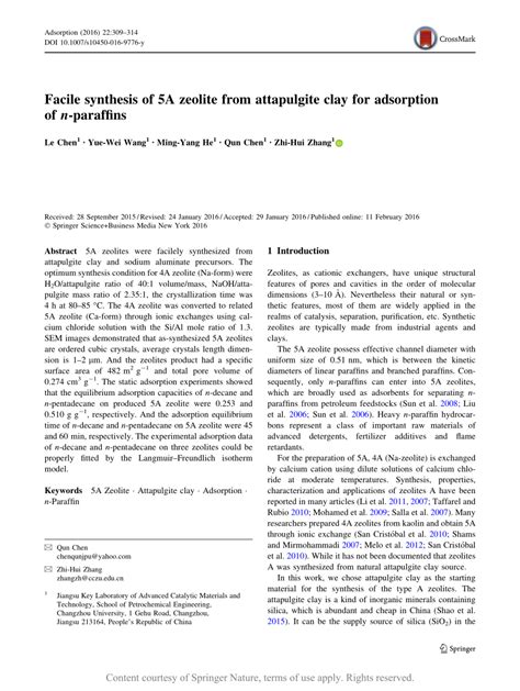 Facile Synthesis Of 5a Zeolite From Attapulgite Clay For Adsorption Of N Paraffins Request Pdf