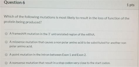 Solved Question 6 1 Pts Which Of The Following Mutations Is
