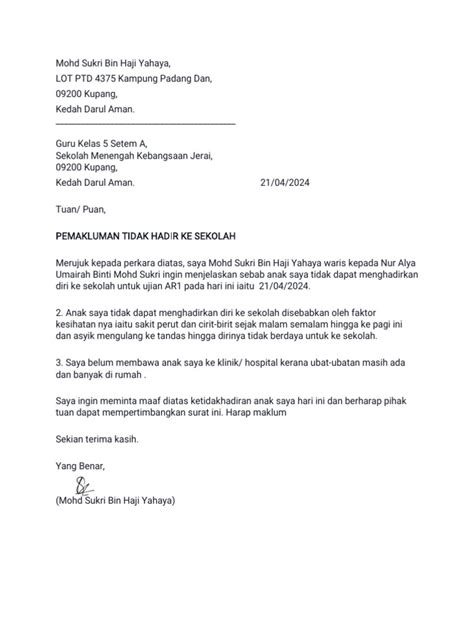 Surat Rasmi Tidak Hadir Ke Sekolah Pdf Surat Rasmi Tidak Hadir Ke Sekolah Pdf