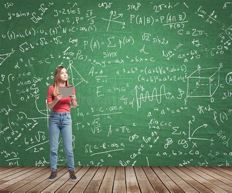 Lady Is Pondering About Complicated Math Problem Formulas And Graphs Are Drawn On The Green