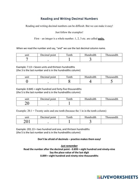 Reading And Writing Decimals Worksheets Reading Worksheet Printable