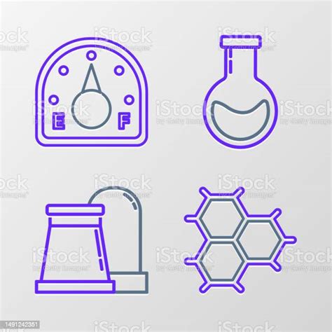 벤젠 링 석유 및 가스 산업 공장 건물 시험관 플라스크 및 모터 게이지 아이콘으로 구성된 라인 화학 공식을 설정합니다 벡터 0