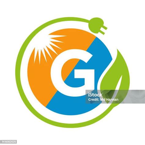 편지 G 태양 에너지 로고 태양 에너지 로고 태양 전지 패널 벡터 템플릿과 전기 플러그 디자인 개념 0명에 대한 스톡 벡터 아트