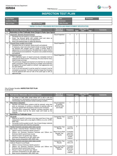 Isr004 Inspection Test Plan Pdf Road Lawn