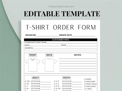 Fillable T Shirt Order Form Editable Printable Shirt Order Form