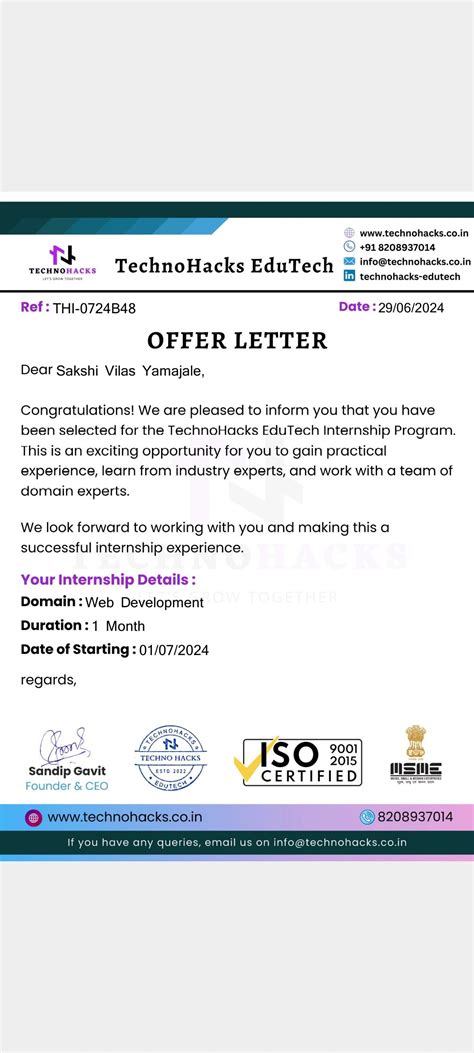 Sakshi Y On Linkedin Technohacks Edutech Official Internship Offer Letter Technohacks…