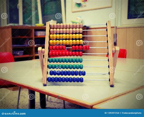 Wooden Abacus In The Classroom To Learn Decimal Numeral System W Stock