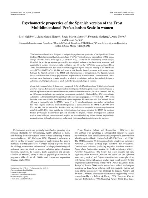 Pdf Psychometric Properties Of The Spanish Version Of The Frost Multidimensional Perfectionism