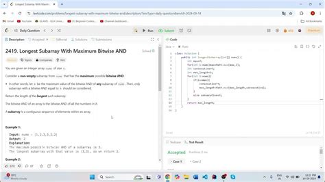 2419 Longest Subarray With Maximum Bitwise And Leetcode Potd Youtube