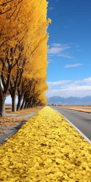 Premium Photo Psychedelic Surrealist Landscapes Yellow Leaves On The Road