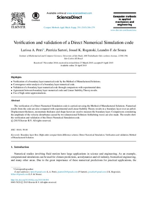 Pdf Verification And Validation Of A Direct Numerical Simulation Code