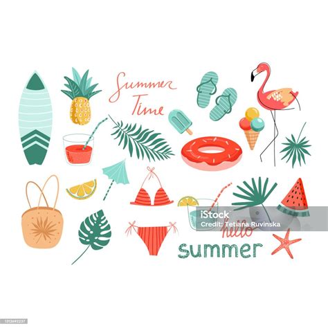 손으로 그린 여름과 해변 물체의 벡터 세트 플립 플롭 플라밍고 아이스크림 상쾌한 음료 수영복 우산 파인애플 수박 불가사리 야자수 잎 몬스터 잎 태양 비치 백 0명에 대한