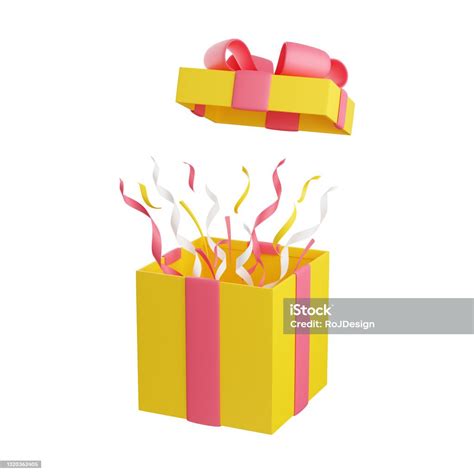플라잉 캡과 색종이가 있는 기프트 박스를 엽니다 3d 렌더 깜짝 일러스트레이션 3차원 형태에 대한 스톡 사진 및 기타 이미지