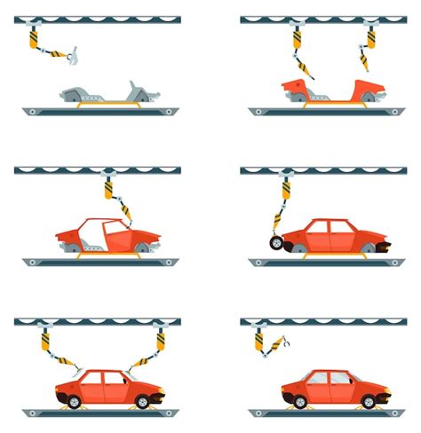 공장 조립 라인 산업 로봇 팔은 컨베이어 벨트에서 자동차를 조립합니다 자동화된 제조를 갖춘 자동차 공장 혁신적인 장비를 갖춘