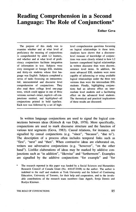 Pdf Reading Comprehension In A Second Language The Role Of Conjunctions