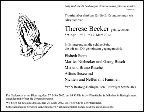 Traueranzeigen Von Therese Becker Trauer In Nrw De