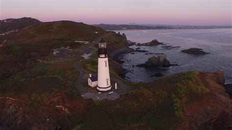 Aerial View Of Yaquina Bay Lighthouse At Sunset Newport Oregon