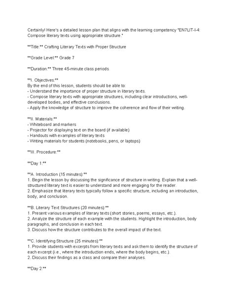 En7lit I 4 Lesson Plan On Crafting Well Structured Literary Texts