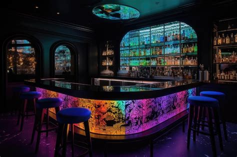 Premium Ai Image Modern Bar Neon Lights Cocktails And Street Art In A Vibrant Space Generative Ia