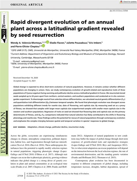 Pdf Rapid Divergent Evolution Of An Annual Plant Across A Latitudinal