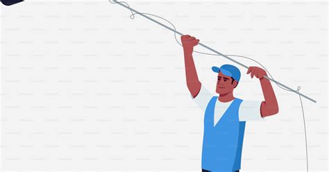 사운드 엔지니어 세미 플랫 Rgb 컬러 벡터 그림입니다 영화 촬영 팀원 마이크를 사용하는 사람입니다 영화 제작 과정 흰색