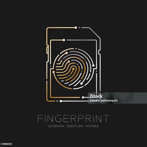 Sd 또는 메모리 카드 모양 지문 패턴 로고 대시 라인 가젯 개념 디자인 일러스트 골드와 지문 텍스트 및 공간 검은 배경에 고립 벡터 개성 개념에 대한 스톡 벡터 아트 및