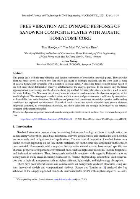 Pdf Free Vibration And Dynamic Response Of Sandwich Composite Plates With Auxetic Honeycomb Core