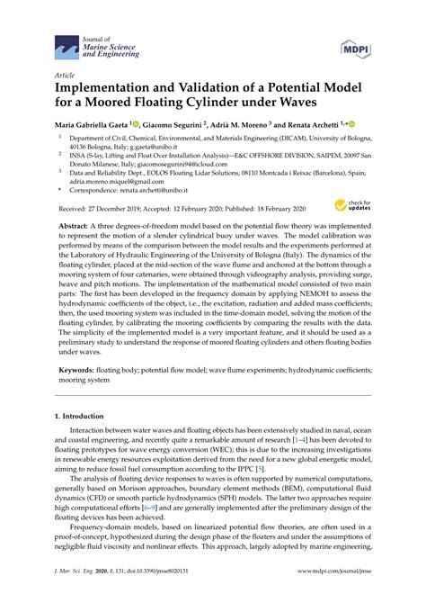 Pdf Implementation And Validation Of A Potential Model For A Moored Floating Cylinder Under Waves