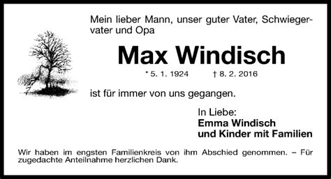 Traueranzeigen Von Max Windisch Trauer Nn De