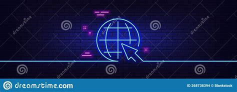 Globe With Mouse Cursor Line Icon World Sign Neon Light Glow Effect
